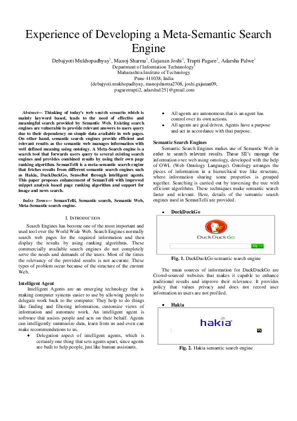 (PDF) Experience of Developing a Meta-semantic Search Engine | Debajyoti Mukhopadhyay - Academia.edu