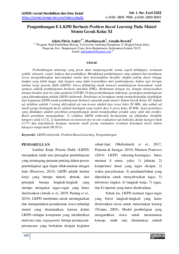 (PDF) Pengembangan E-LKPD Berbasis Problem Based Learning Pada Materi Sistem Gerak Kelas XI