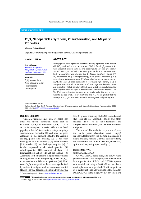 (PDF) Cr2O3 Nanoparticles: Synthesis, Characterization, and Magnetic Properties