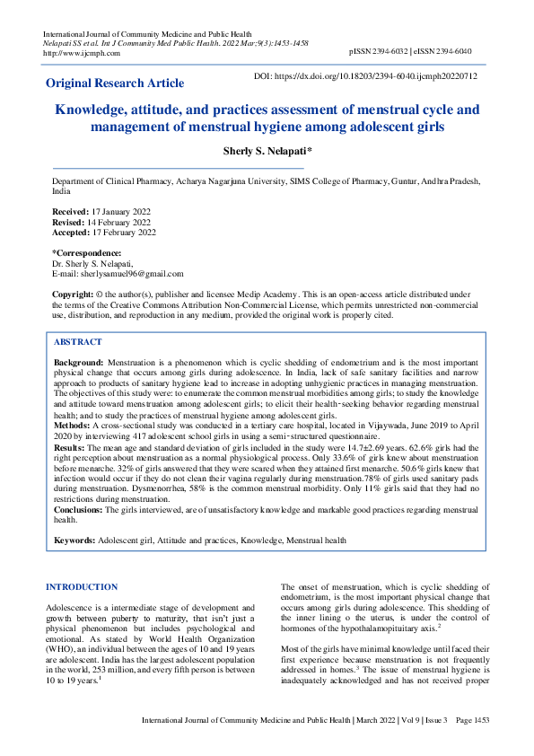 (PDF) Knowledge, attitude, and practices assessment of menstrual cycle ...