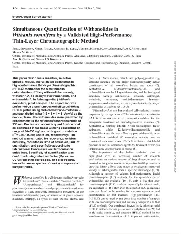 (PDF) Simultaneous Quantification of Withanolides in Withania somnifera by a Validated High ...