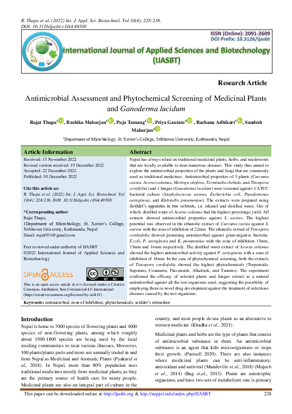 (PDF) Antimicrobial Assessment and Phytochemical Screening of Medicinal Plants and Ganoderma lucidum