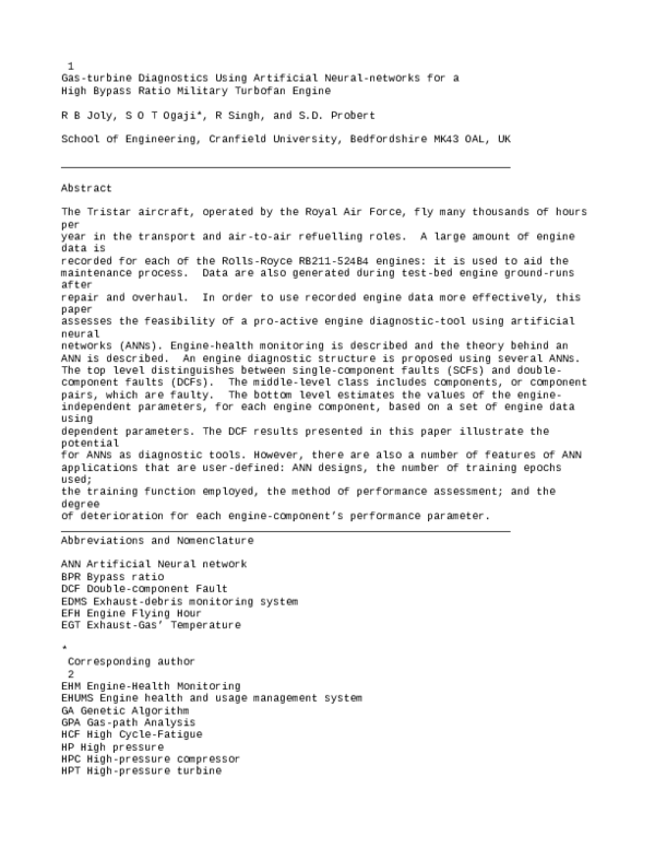 (PDF) Gas-turbine diagnostics using artificial neural-networks for a high bypass ratio military ...