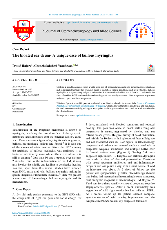 (PDF) The bloated ear drum- A unique case of bullous myringitis