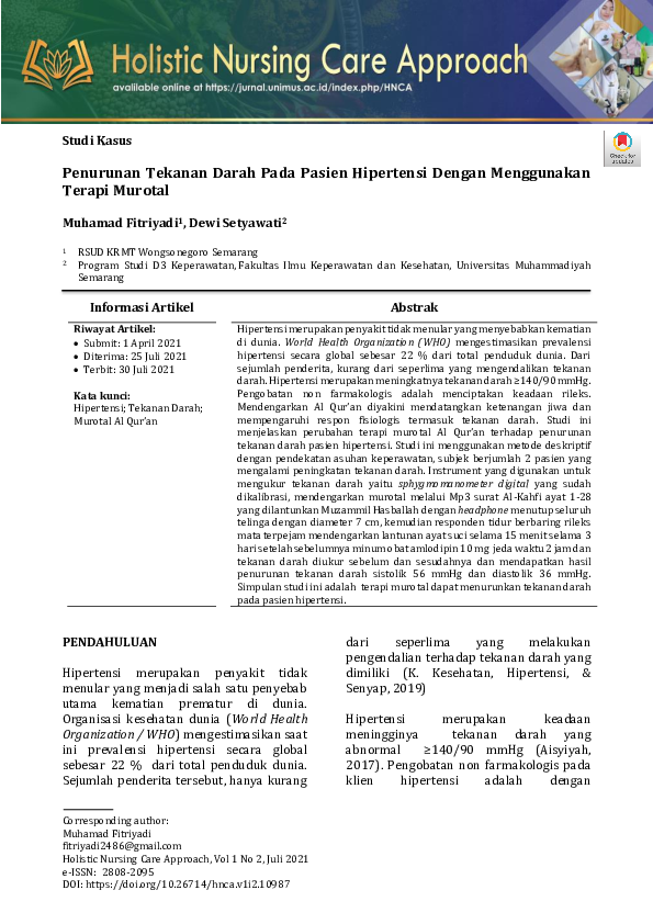 (PDF) Penurunan Tekanan Darah Pada Pasien Hipertensi Dengan Menggunakan Terapi Murotal