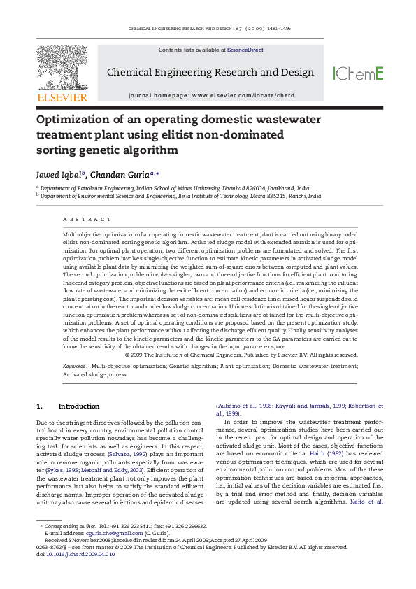 (PDF) Optimization of an operating domestic wastewater treatment plant using elitist non ...