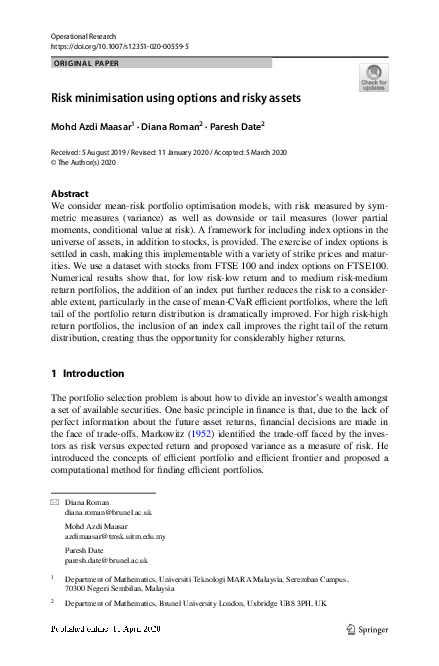 (PDF) Risk minimisation using options and risky assets