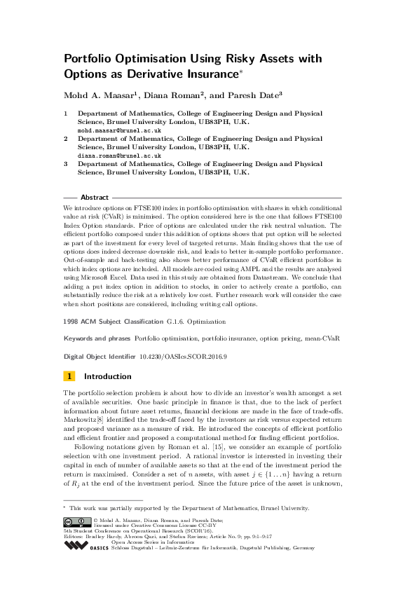 (PDF) Portfolio Optimisation Using Risky Assets with Options as ...