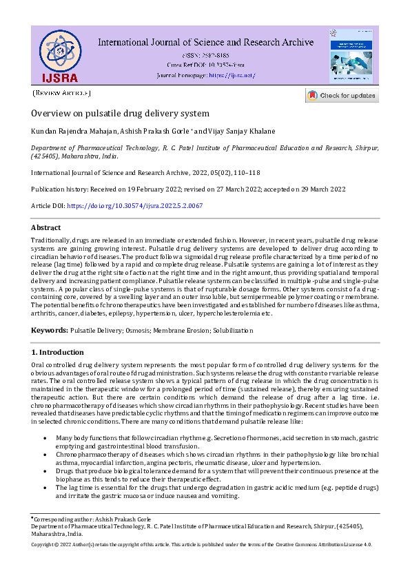 Pdf Overview On Pulsatile Drug Delivery System