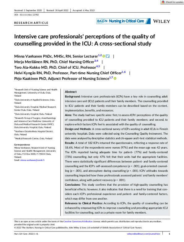 (PDF) Intensive care professionals' perceptions of the quality of ...
