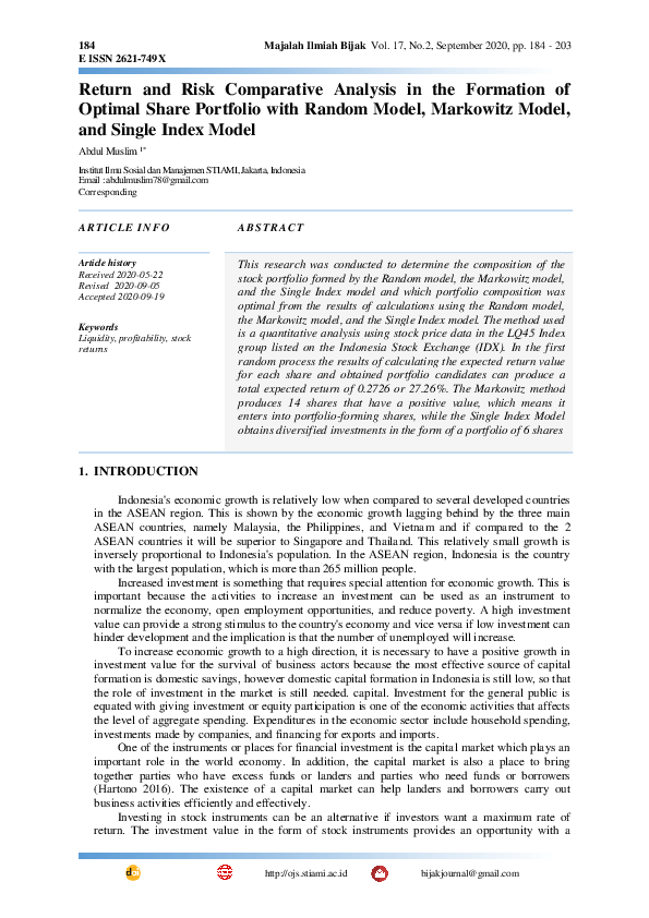 (PDF) Return and Risk Comparative Analysis in the Formation of Optimal Share Portfolio with ...