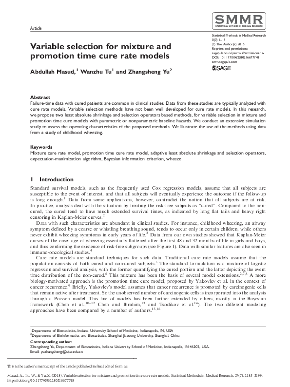 Pdf Variable Selection For Mixture And Promotion Time Cure Rate Models