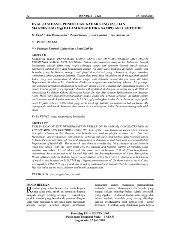 (PDF) EVALUASI HASIL PENENTUAN KADAR SENG (Zn) DAN MAGNESIUM (Mg) DALAM KOSMETIKA SAMPO ANTI KETOMBE
