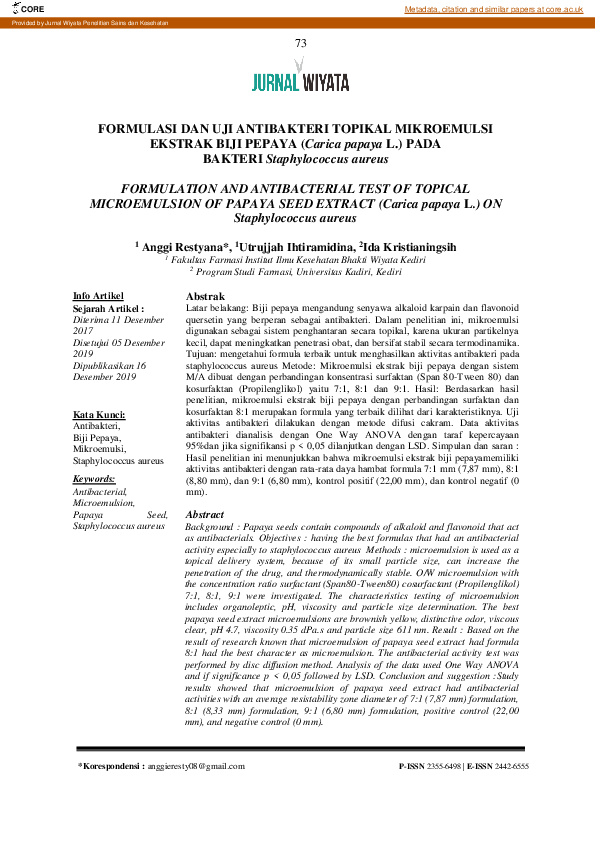 (PDF) FORMULASI DAN UJI ANTIBAKTERI TOPIKAL MIKROEMULSI EKSTRAK BIJI ...
