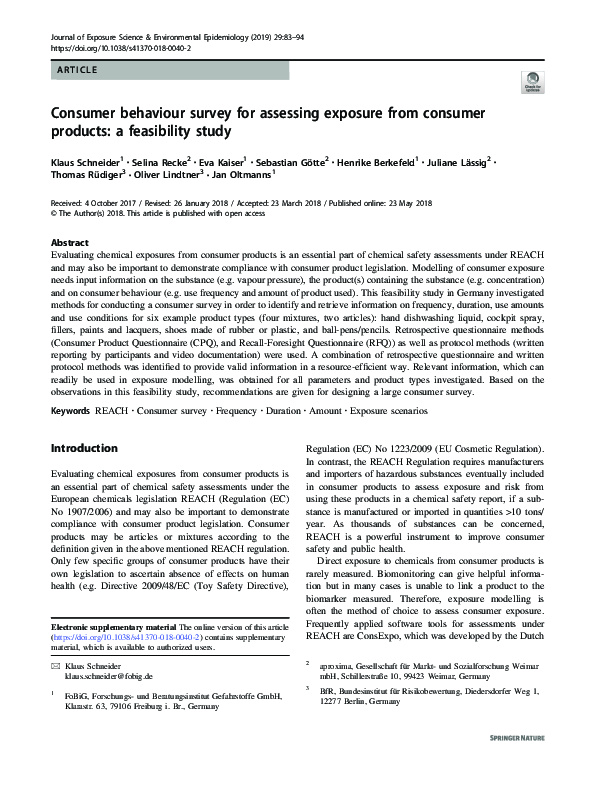 (PDF) Consumer behaviour survey for assessing exposure from consumer products: a feasibility ...