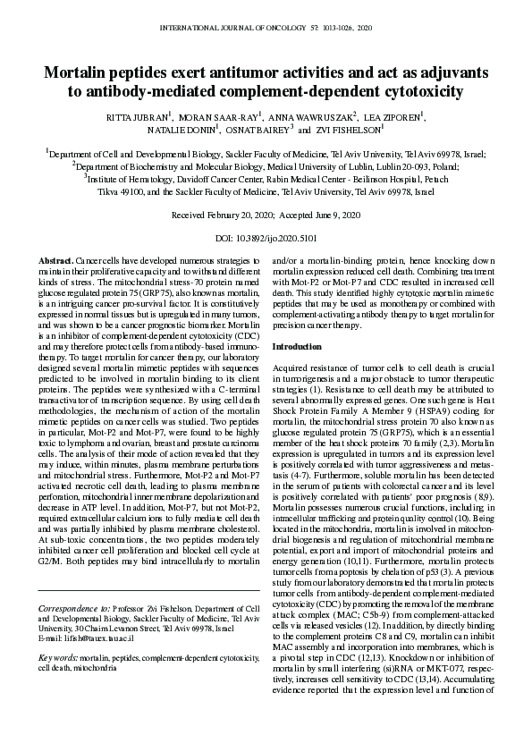 (PDF) Mortalin peptides exert antitumor activities and act as adjuvants ...