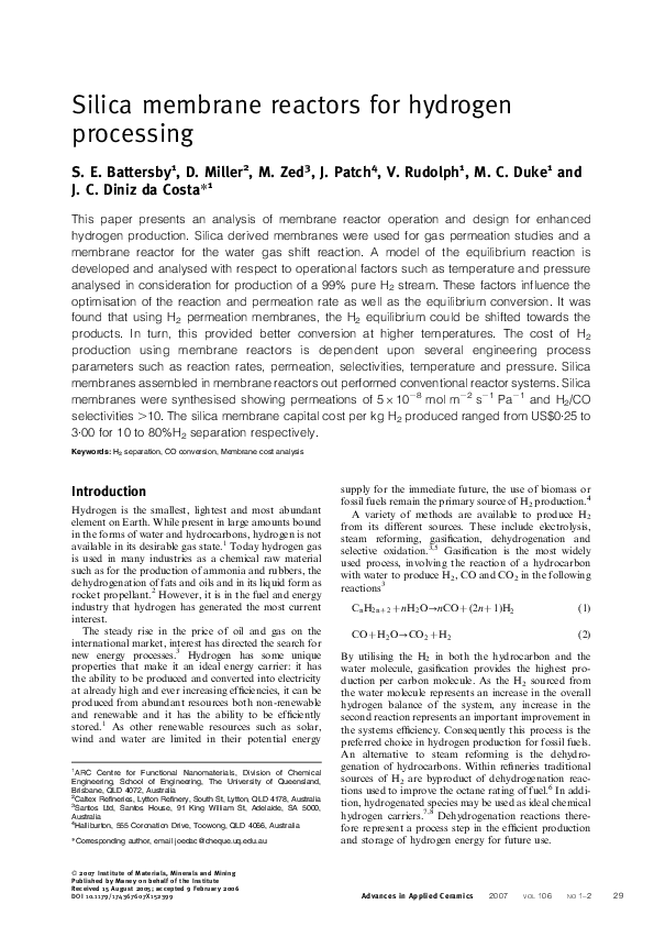 (PDF) Silica membrane reactors for hydrogen processing