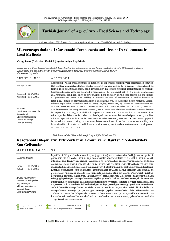 (PDF) Microencapsulation of Carotenoid Components and Recent Developments in Used Methods