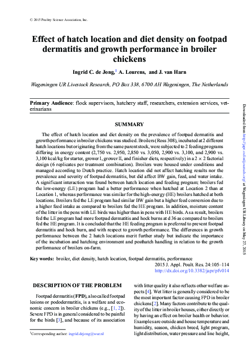 (PDF) Effect of hatch location and diet density on footpad dermatitis ...