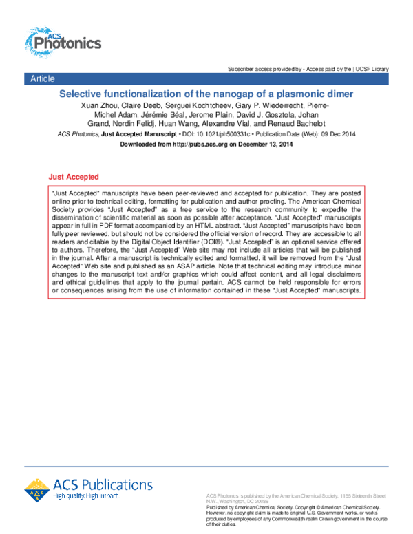 (PDF) Selective Functionalization of the Nanogap of a Plasmonic Dimer