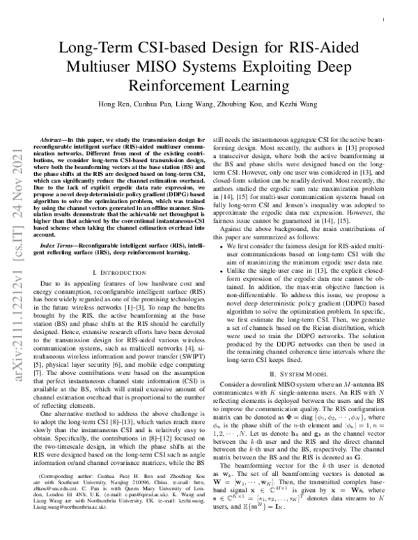 (PDF) Long-Term CSI-Based Design for RIS-Aided Multiuser MISO Systems Exploiting Deep ...