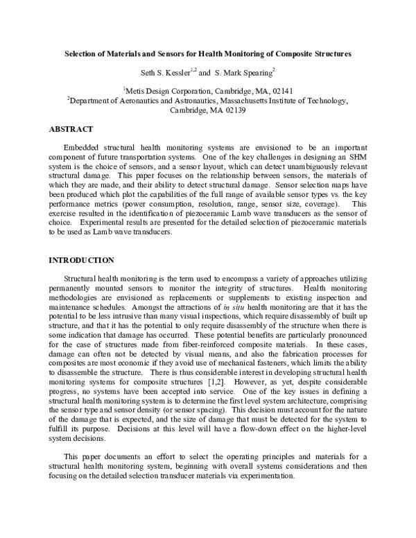 Pdf Selection Of Materials And Sensors For Health Monitoring Of Composite Structures