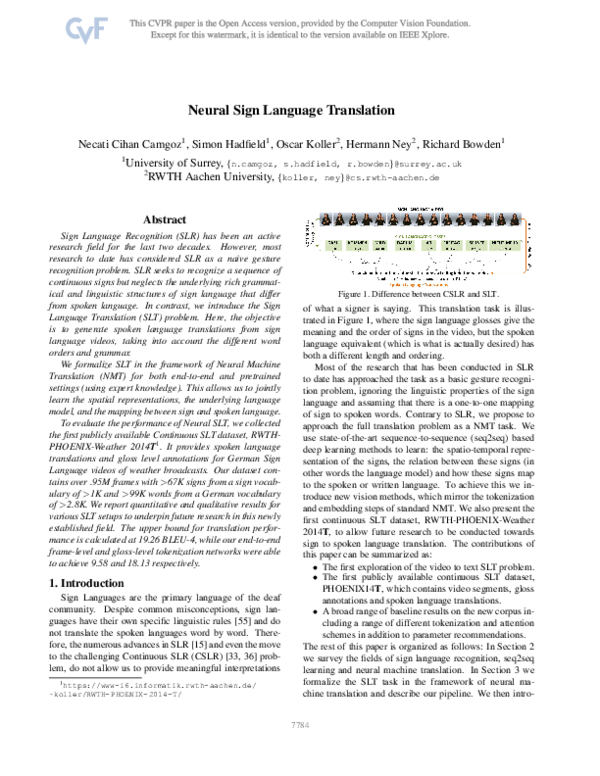 (PDF) Neural Sign Language Translation