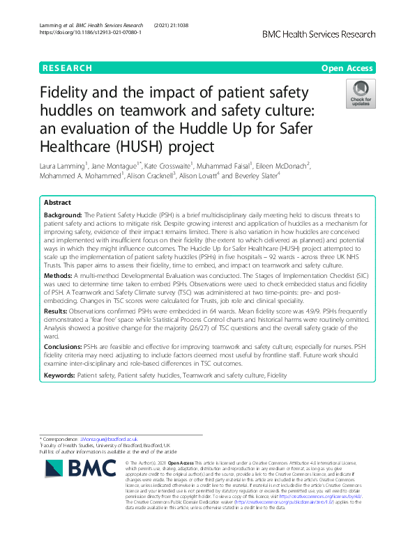 (PDF) Fidelity and the impact of patient safety huddles on teamwork and ...
