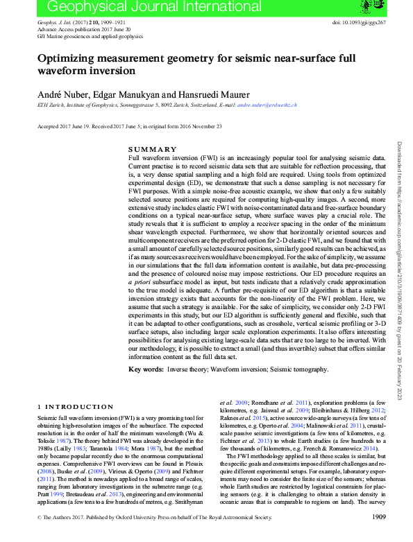 (PDF) Optimizing measurement geometry for seismic near-surface full waveform inversion