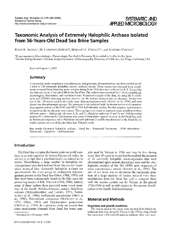 (PDF) Taxonomic Analysis of Extremely Halophilic Archaea Isolated from 56-Years-Old Dead Sea ...