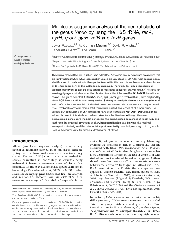 (PDF) Multilocus sequence analysis of the central clade of the genus Vibrio by using the 16S ...
