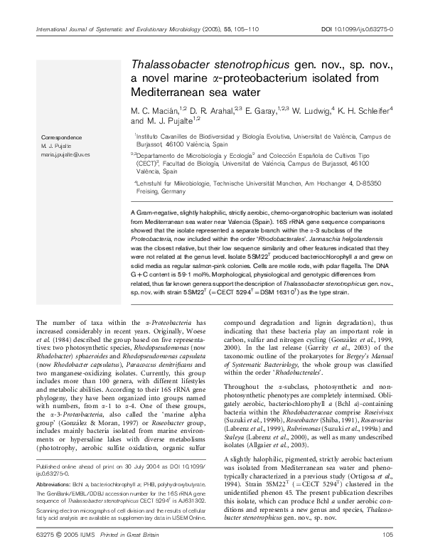 (PDF) Thalassobacter stenotrophicus gen. nov., sp. nov., a novel marine ...