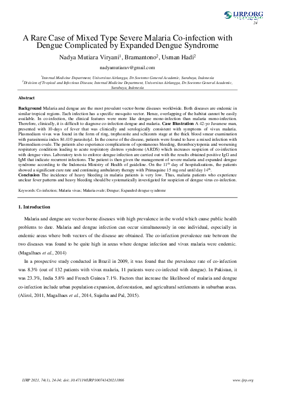 (PDF) A Rare Case of Mixed Type Severe Malaria Co-infection with Dengue ...