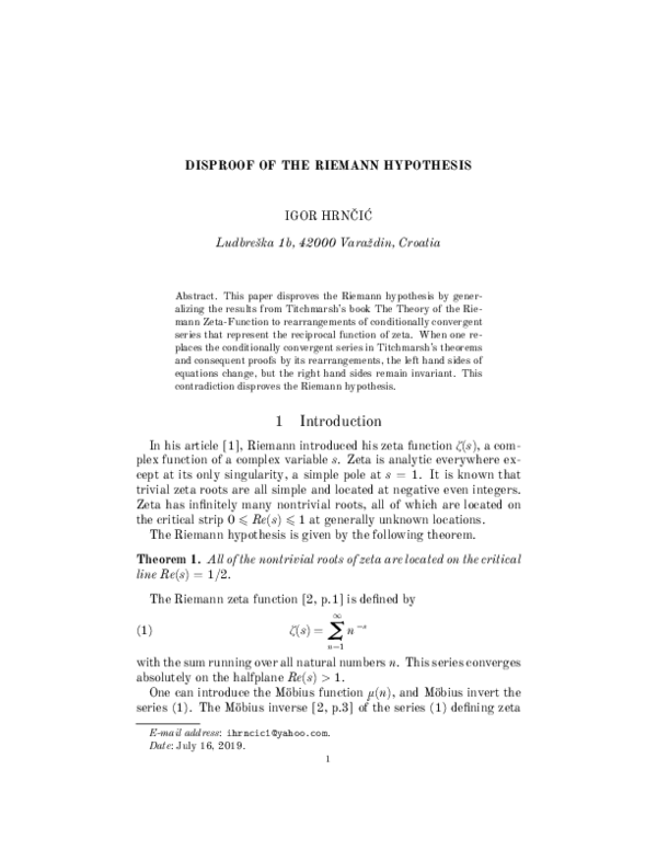 (PDF) Disproof of the Riemann Hypothesis