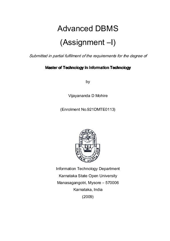 (PDF) Advanced DBMS Assign I