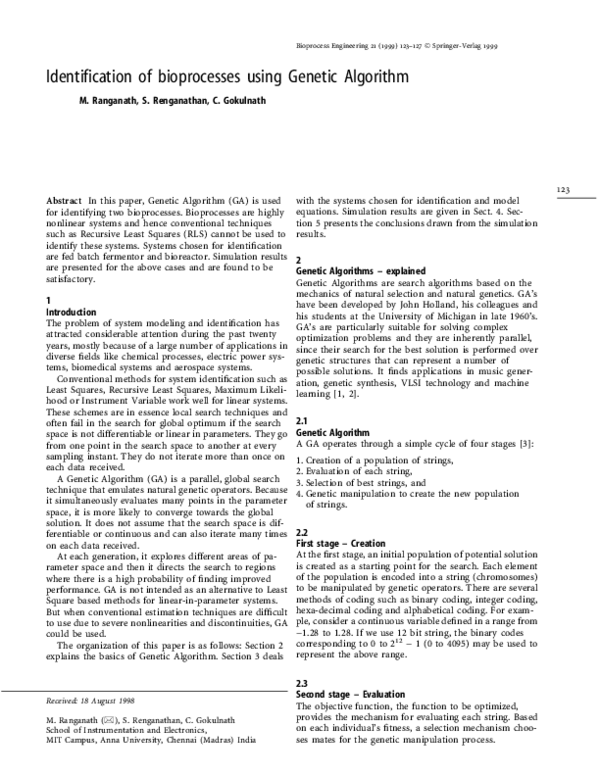 (PDF) Identification of bioprocesses using Genetic Algorithm