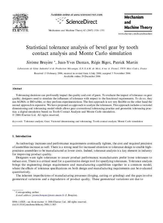 Pdf Statistical Tolerance Analysis Of Bevel Gear By Tooth Contact Analysis And Monte Carlo
