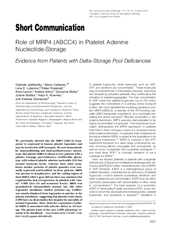 (PDF) Role of MRP4 (ABCC4) in Platelet Adenine Nucleotide-Storage