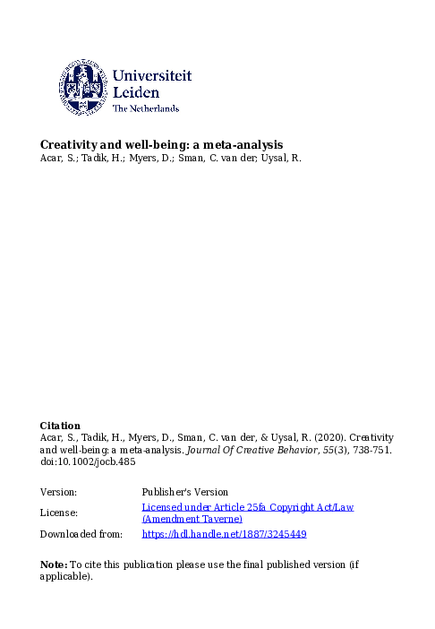 Pdf Creativity And Well Being A Meta Analysis