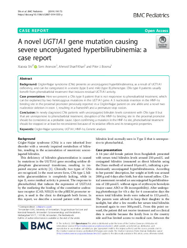 (PDF) A novel UGT1A1 gene mutation causing severe unconjugated hyperbilirubinemia: a case report
