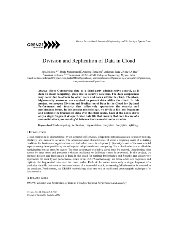 (PDF) Division and Replication of Data in Cloud