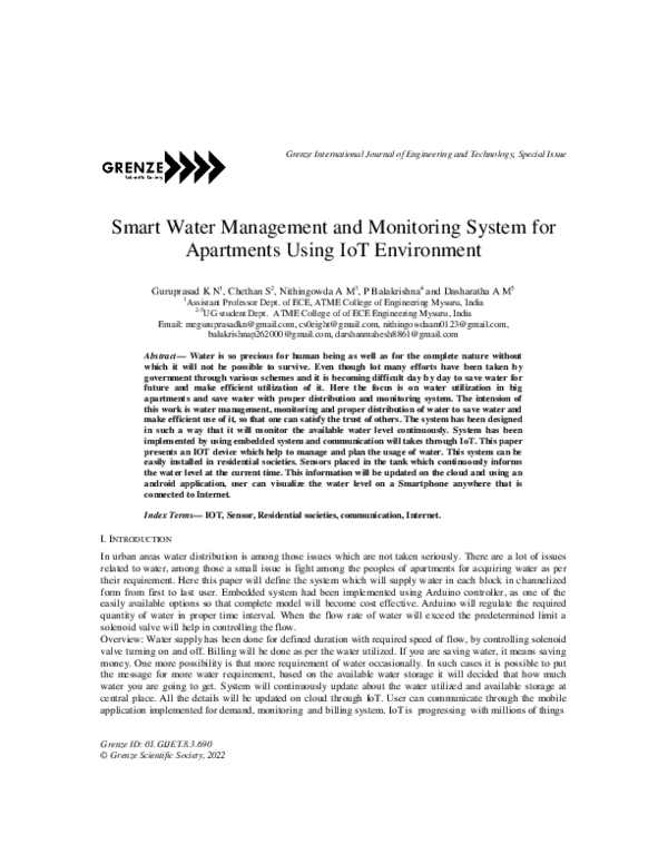 (PDF) Smart Water Management and Monitoring System for Apartments Using IoT Environment