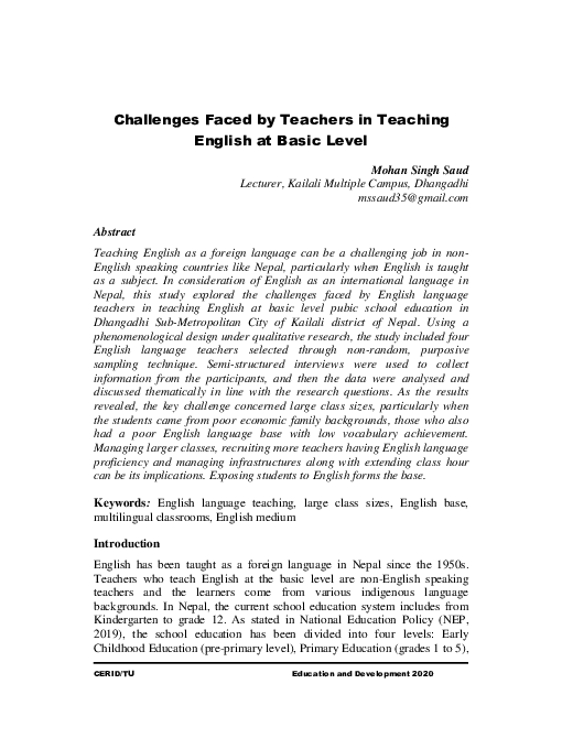 (PDF) Challenges Faced by Teachers in Teaching English at Basic Level