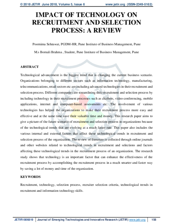 (PDF) Impact of Technology on Recruitment and Selection Process: A Review