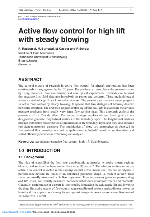 (PDF) Active flow control for high lift with steady blowing