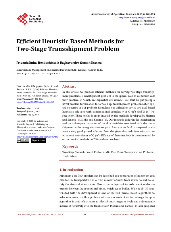 (PDF) Efficient Heuristic Based Methods for Two-Stage Transshipment Problem | priyank sinha ...