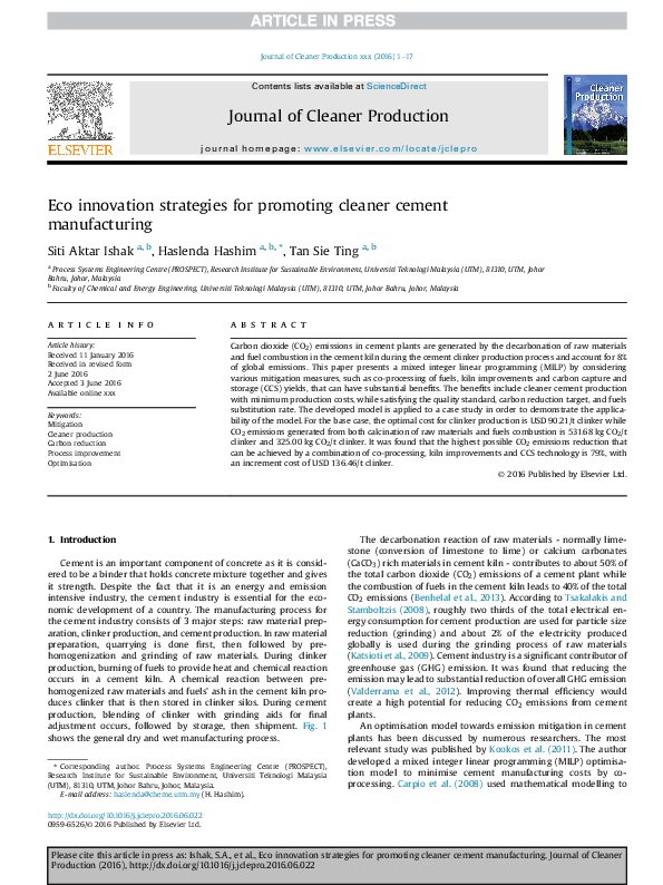 (PDF) Eco innovation strategies for promoting cleaner cement manufacturing