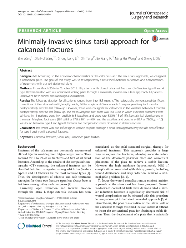 (PDF) Minimally invasive (sinus tarsi) approach for calcaneal fractures