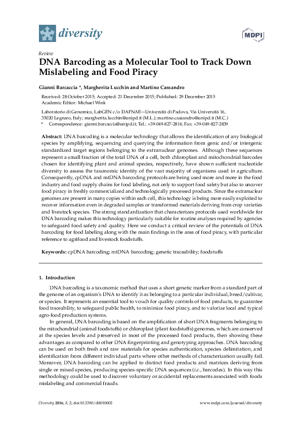 (PDF) DNA Barcoding as a Molecular Tool to Track Down Mislabeling and Food Piracy | Margherita ...