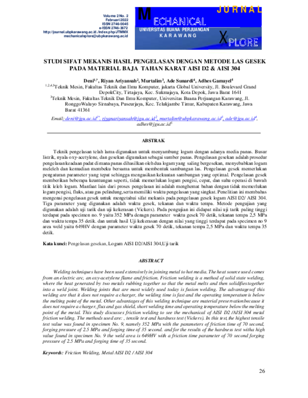 (PDF) Studi Sifat Mekanis Hasil Pengelasan Dengan Metode Las Gesek Pada ...